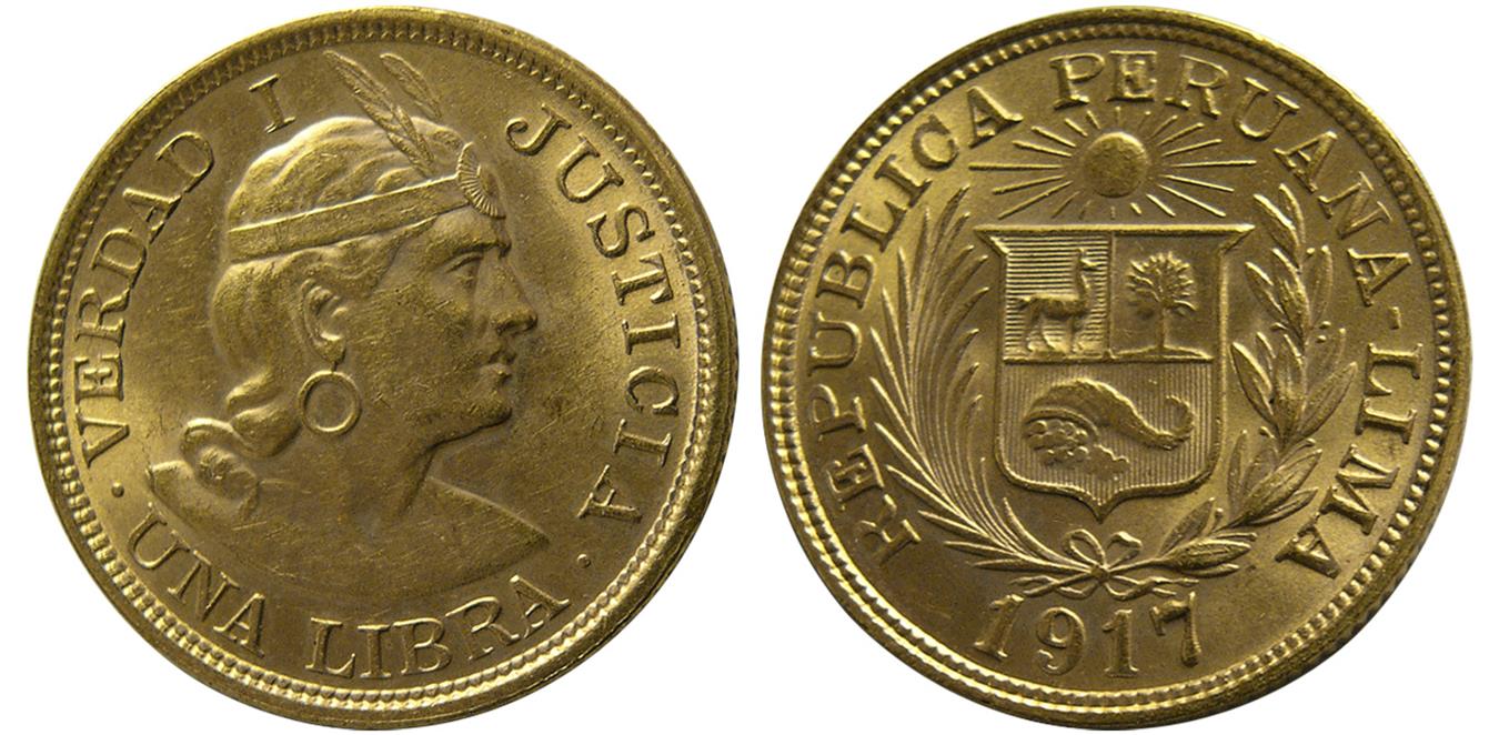 VAuctions.com - PERU, Republic. Gold Libra. Lima mint. Dated 1917.