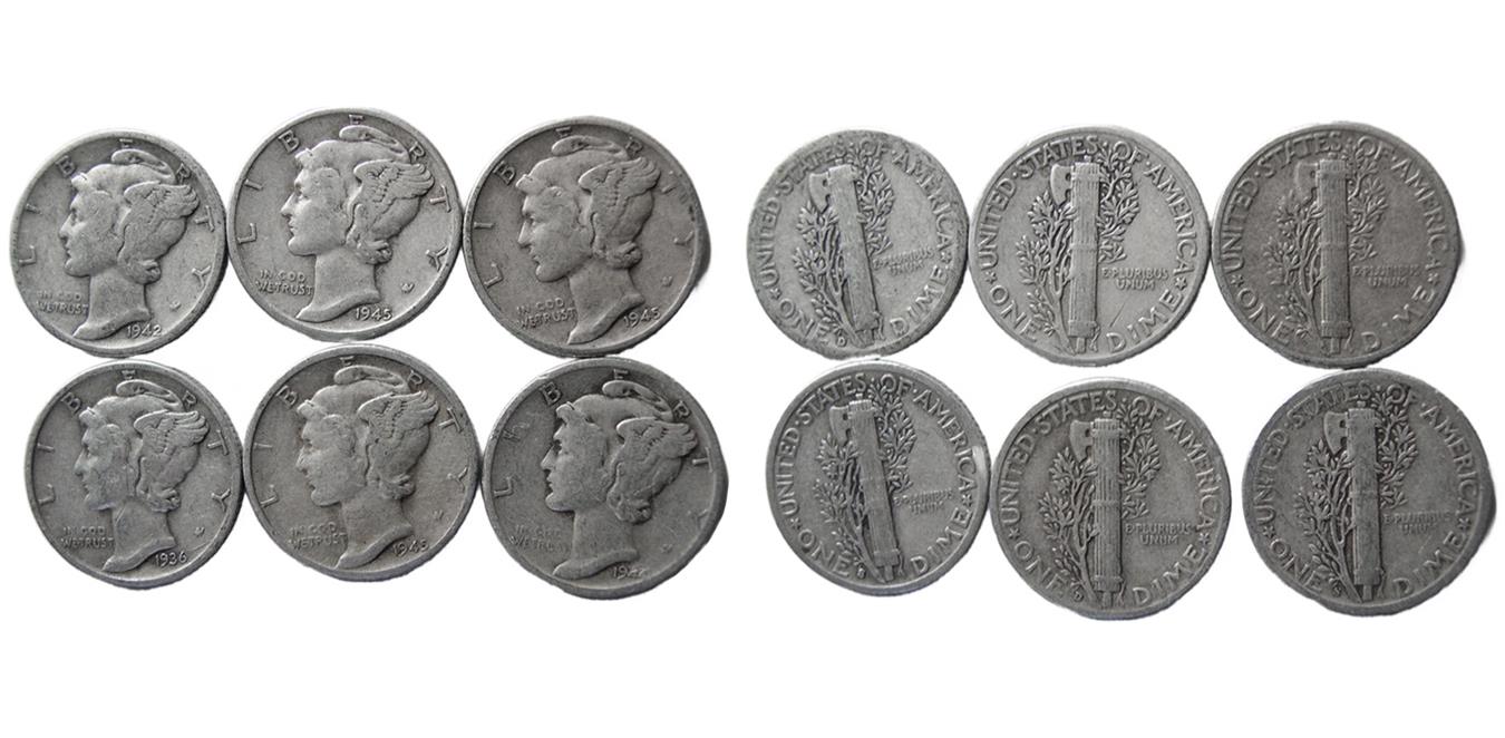 VAuctions.com - GROUP LOT of 6 United States Mercury Dimes. Different ...